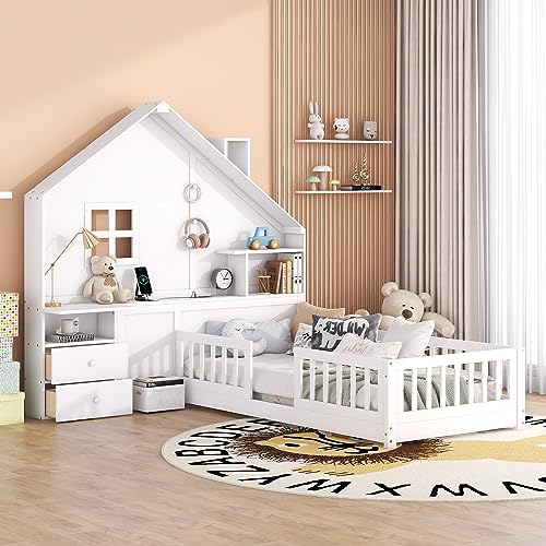 BOVZA Wooden House Montessori Floor Twin Bed for Kids with Window and Bedside Drawers, Platform Bed with Shelves and a Set of Sockets and USB Port, White