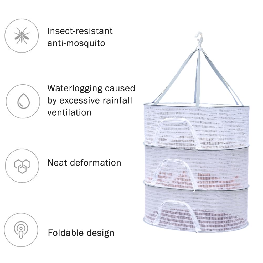 Balana Herb Drying Rack 3 Layer Hanging Mesh Net, Plants Hanging Drying Fish Net Foldable Hanging Mesh Dryer for Buds, Fruits, Hydroponics Flowers, Vegetables, Fish.(Size:M)