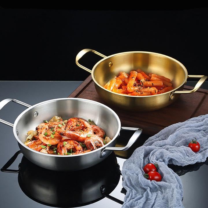 MBBITL Paella Pan Skillet Pan Gold Stainless Steel Serving Pan 8.6 Inches for Hot Pot Dry Pot Seafood Cooking