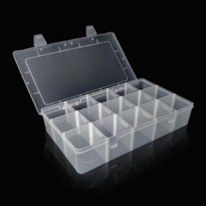 rinrda large 15 grids clear organizer box with adjustable dividers - plastic compartment storage container for washi tapes,fishing tackle, craft, beads, jewelry, small items (3)