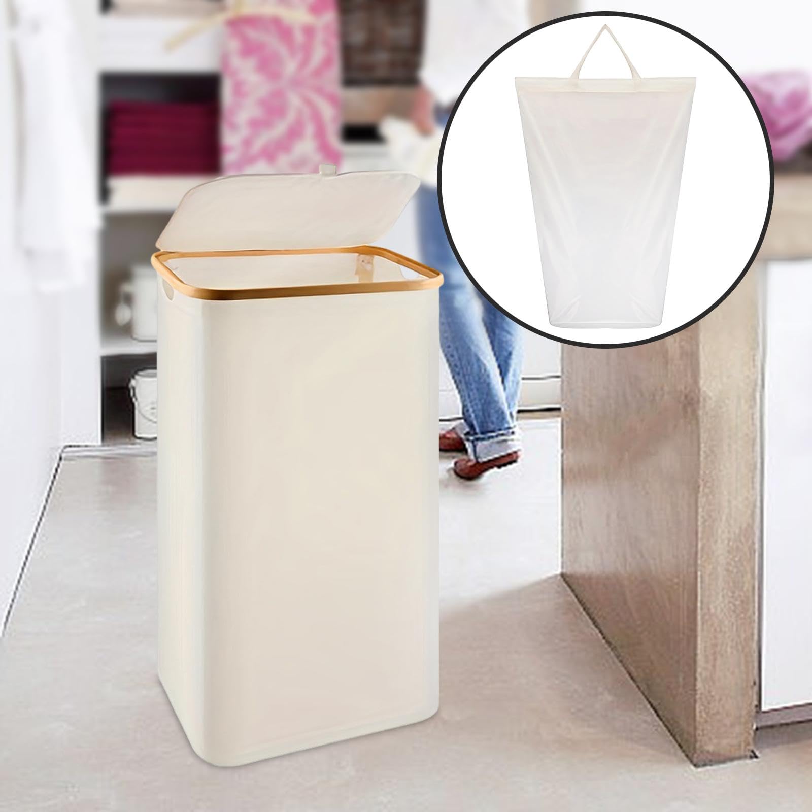 Storage Basket Clothes Hamper Foldable Inner Bag with Handle Hollow Handle Large Laundry Basket Laundry Hamper for Bathroom, Beige