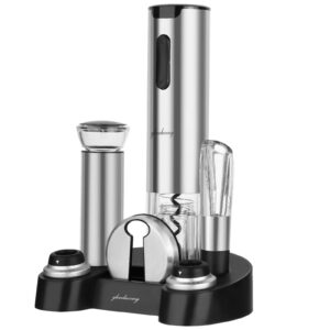 electric wine opener set with stand, wine gift set with rechargeable wine opener, wine aerator, foil cutter, vacuum pump and 2 stoppers, 7-in-1 wine bottle opener set for home party bar outdoor gift