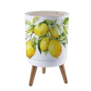 small trash can with lid for bathroom kitchen office diaper green branch lemon leaves nature botanical decorative collection bedroom garbage trash bin dog proof waste basket cute decorative