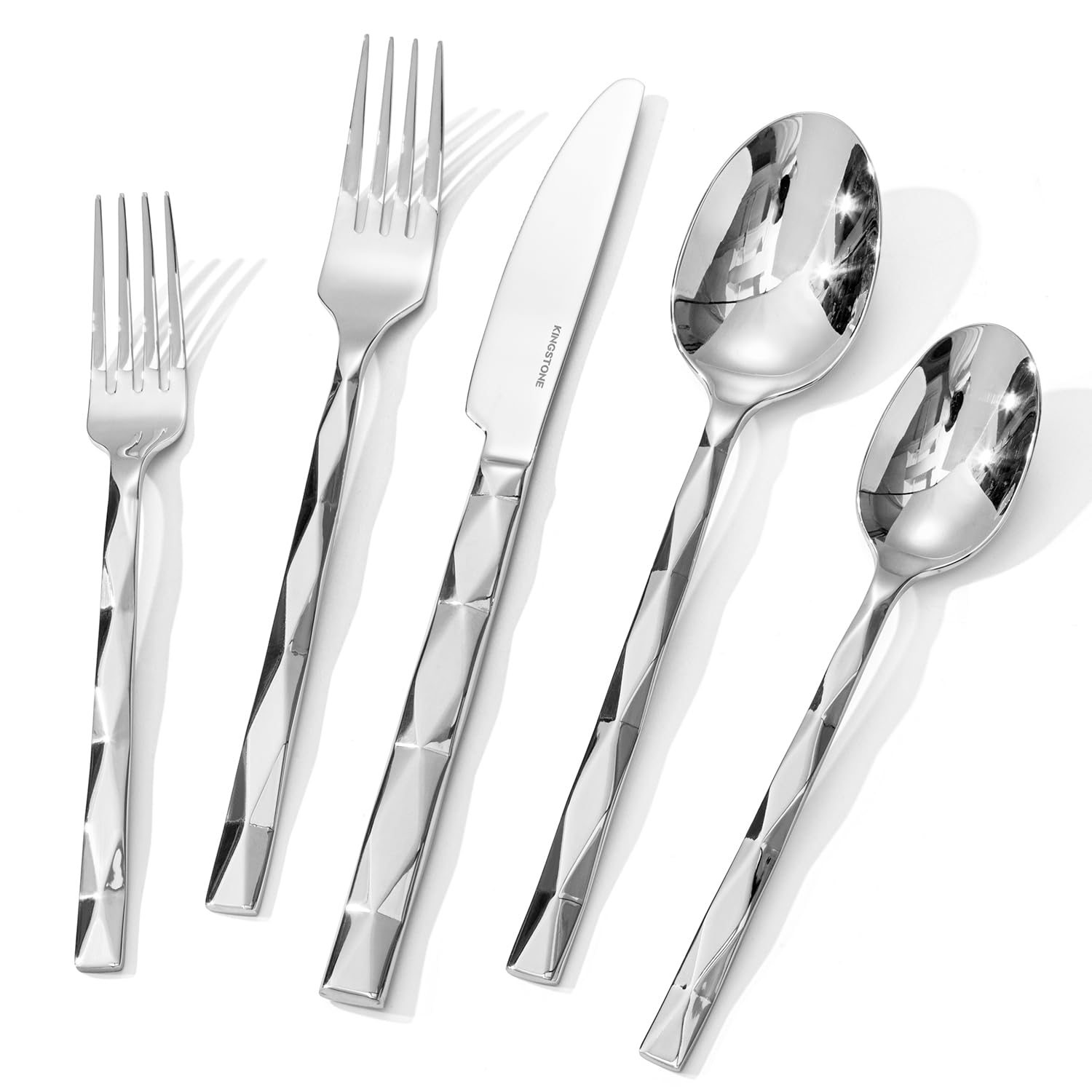 KINGSTONE Silverware Set, Luxury 20 Piece Flatware Set for 4, 18/10 Stainless Steel Cutlery Set with Diamond Cut Pattern for Kitchen, Home, Wedding, Party, Mirror Polished and Dishwasher Safe