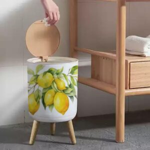 Small Trash Can with Lid for Bathroom Kitchen Office Diaper Green branch lemon leaves nature botanical decorative collection Bedroom Garbage Trash Bin Dog Proof Waste Basket Cute Decorative