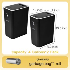 COMODID Trash Can with Lid, 2 Pack 4 Gallons/15 Liters Garbage Can with Press Top, Small Trash Can Dog Proof, Plastic Trash Bin, Waste Basket for Bathroom|Kitchen|Bedroom|Office (2, Black)