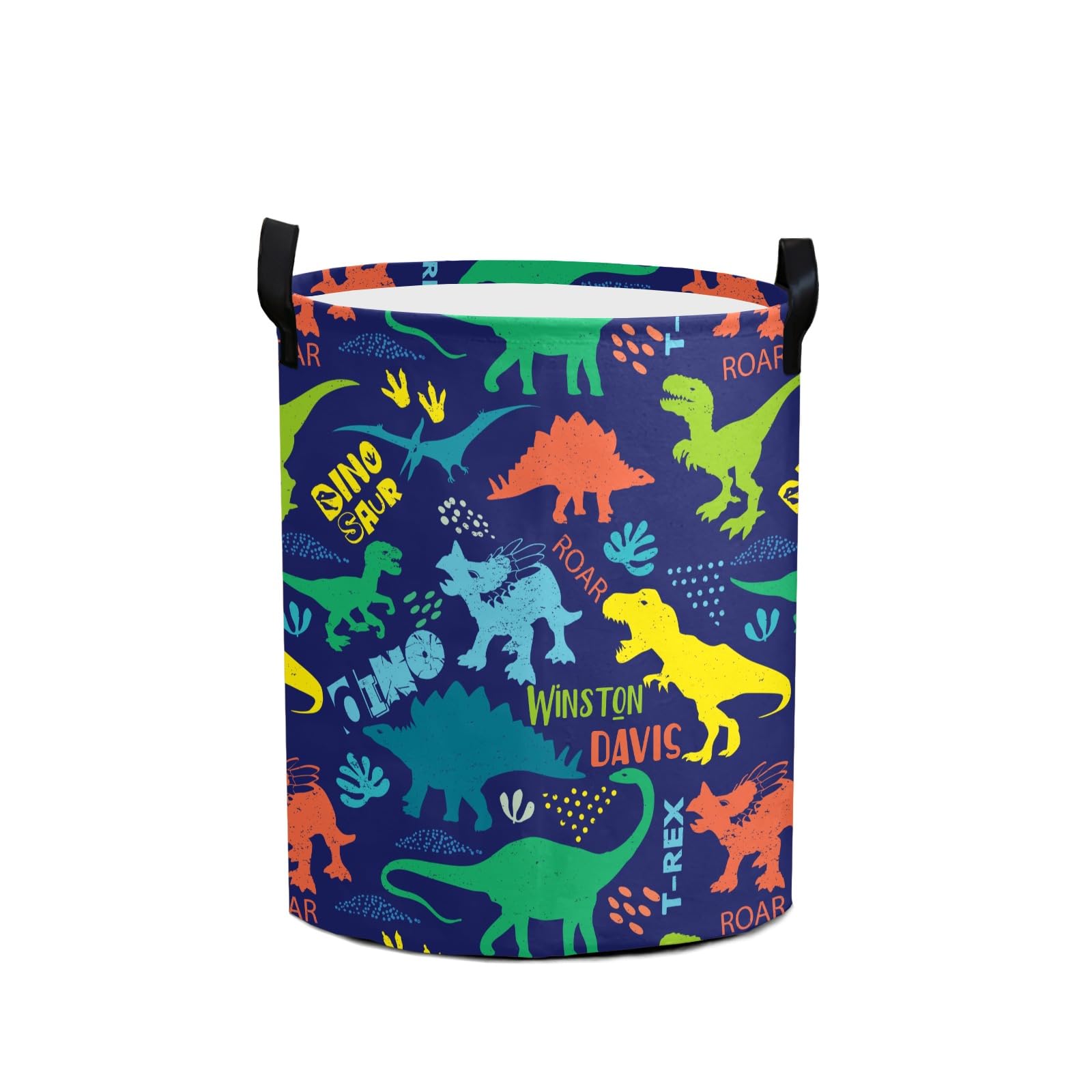 Custom Name Cartoon Dinosaur Collapsible Laundry Basket, Laundry Hamper with Handles Waterproof Oxford Laundry Hamper Household Organizer Basket