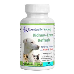 eventually young 12-in-1 kidney support for dog & cat with nmn & fisetin - super phosphate binder kidney and liver supplement for feline, canine healthy aging & longevity (60 capsules)