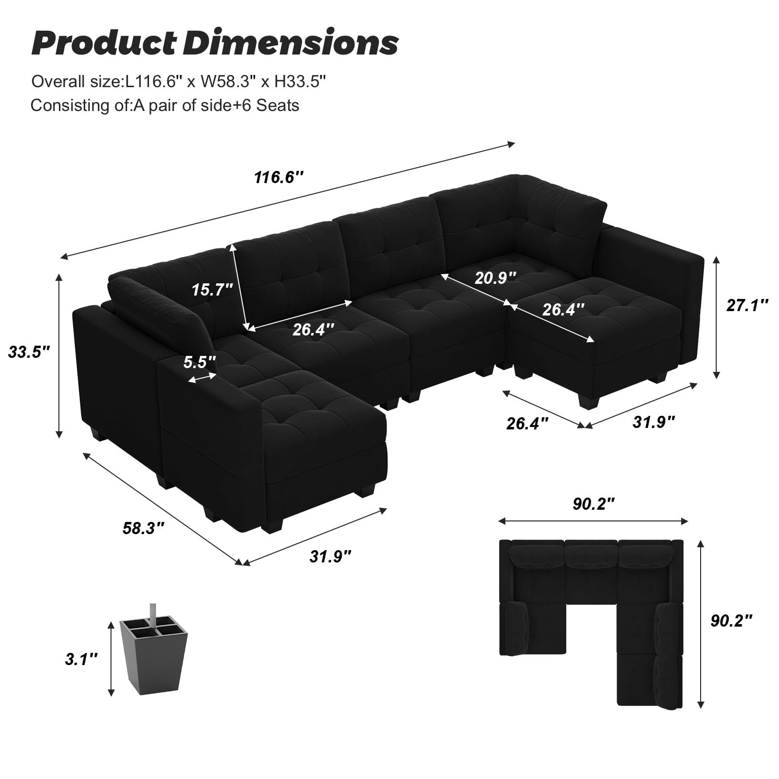 Belffin Modular Sectional U-Shaped Sofa Couch, Oversized Sectional Sleeper Sofa with Chaise and Ottoman, Modular Sofa Set with Stoarge Seat, Black