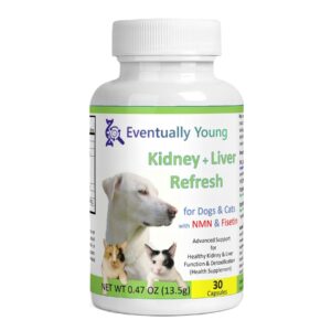 eventually young 12-in-1 kidney support for dog & cat with nmn & fisetin - super phosphate binder kidney and liver supplement for feline, canine healthy aging & longevity (30 capsules)