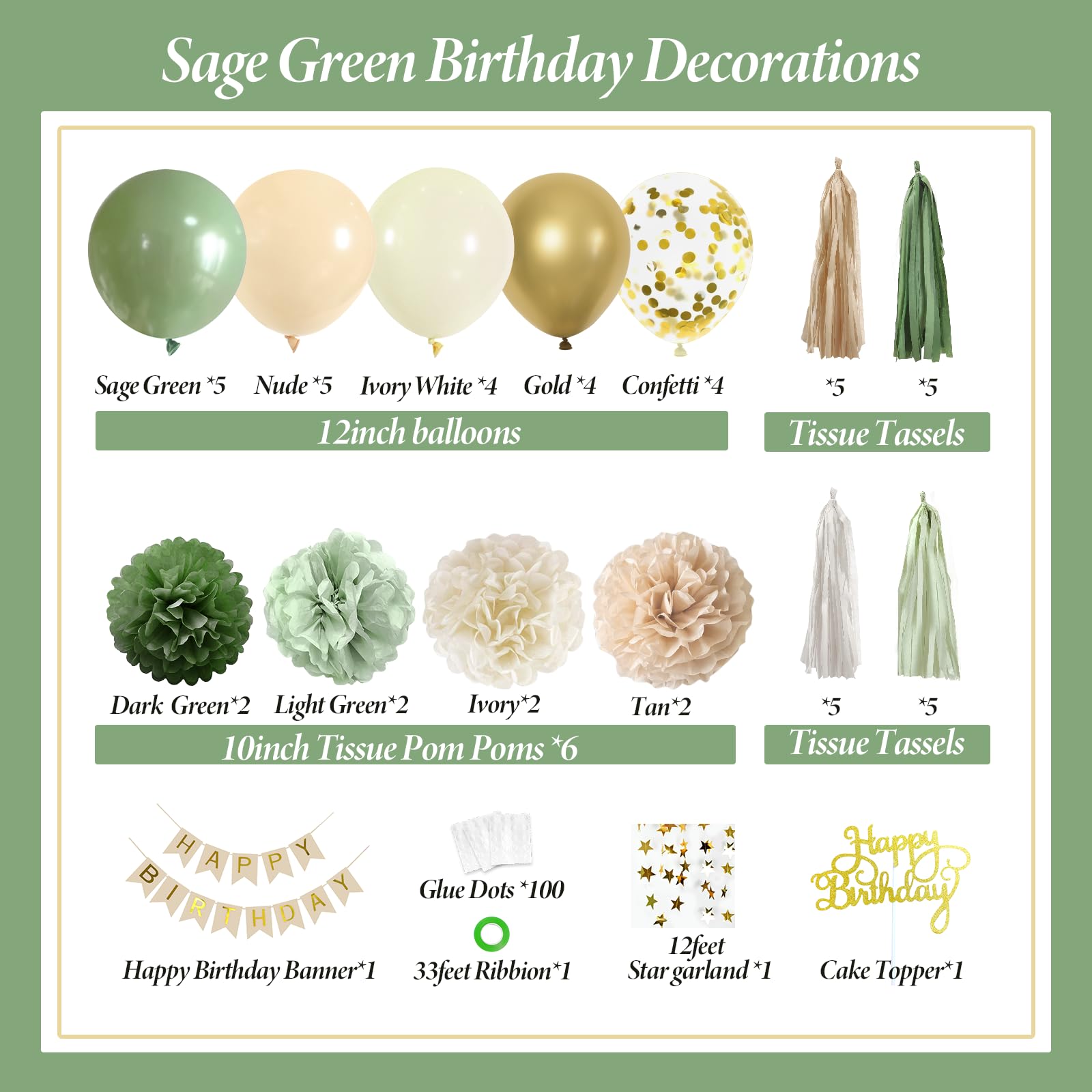 Sage Green Birthday Party Decorations with Birthday Banner,Tissue Tassels Paper Pompoms Balloons Star Garland Cake Topper Birthday Decorations for Women Adults