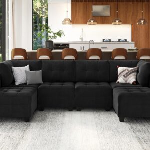 Belffin Modular Sectional U-Shaped Sofa Couch, Oversized Sectional Sleeper Sofa with Chaise and Ottoman, Modular Sofa Set with Stoarge Seat, Black