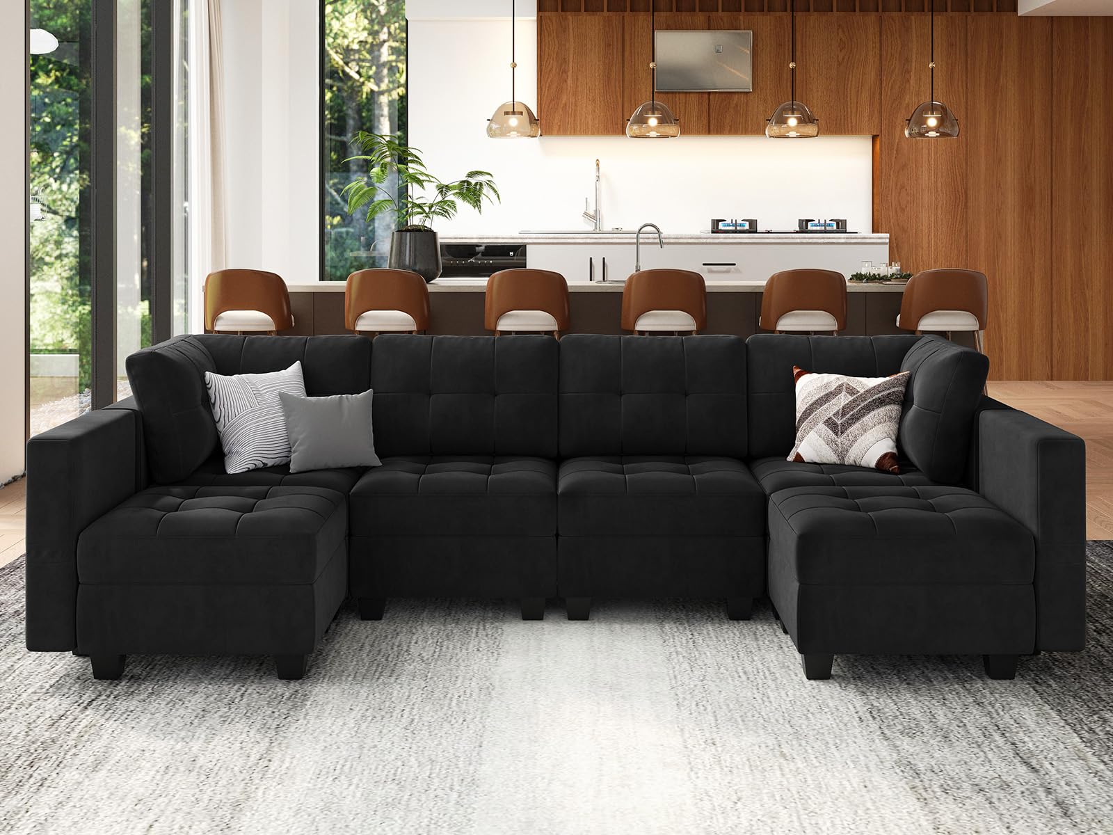 Belffin Modular Sectional U-Shaped Sofa Couch, Oversized Sectional Sleeper Sofa with Chaise and Ottoman, Modular Sofa Set with Stoarge Seat, Black