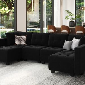 Belffin Modular Sectional U-Shaped Sofa Couch, Oversized Sectional Sleeper Sofa with Chaise and Ottoman, Modular Sofa Set with Stoarge Seat, Black