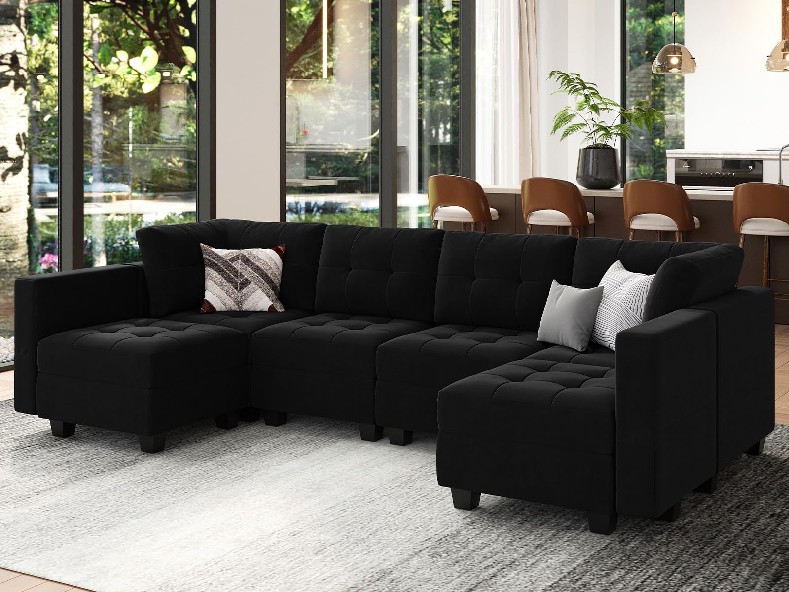 Belffin Modular Sectional U-Shaped Sofa Couch, Oversized Sectional Sleeper Sofa with Chaise and Ottoman, Modular Sofa Set with Stoarge Seat, Black