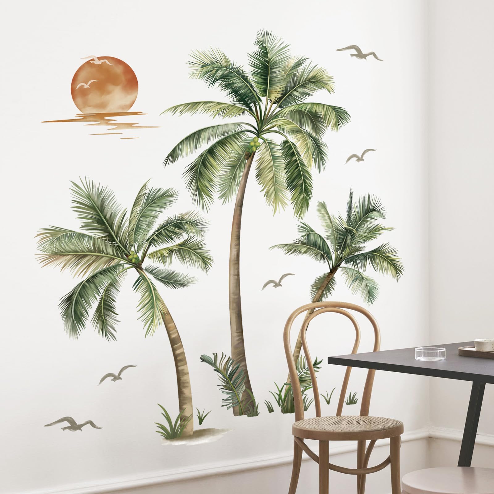 decalmile Large Boho Palm Tree Wall Decals Tropical Plant Sunset Beach Wall Stickers Living Room Bedroom Office Wall Decor (Tree H: 53 inches/135 cm)