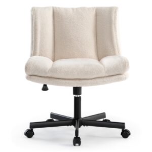 leagoo criss cross chair with wheels, furry armless desk chair, comfy wide seat cross legged office chair, stylish height adjustable cute swivel vanity chair for home office, make up, cream white