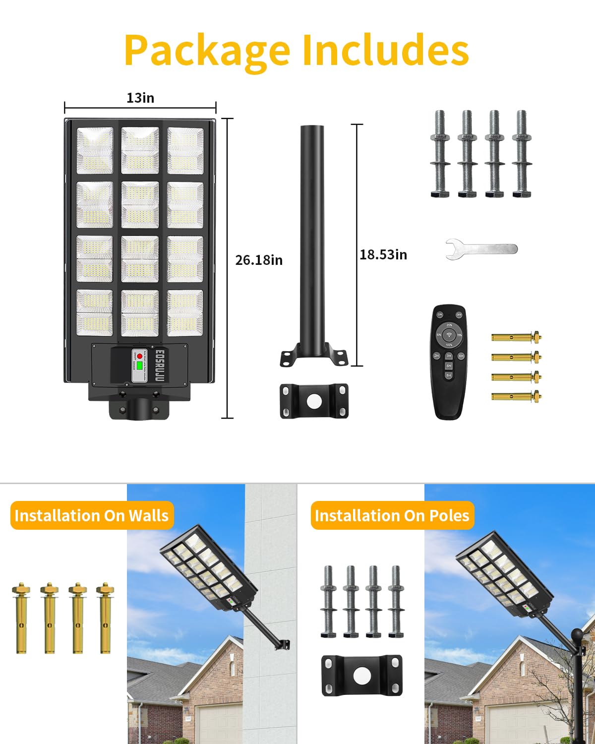 EOSRUJU 1200W Solar Street Lights Outdoor, 240000LM Parking Lot Lights with Motion Sensor, IP65 Waterproof Solar Flood Lights, Dusk to Dawn Solar Lights for Garden, Yard, Parking Lot