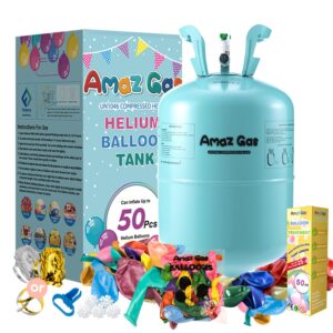 amazgas 13.4l helium tank with 14.9 cu.ft 99.99% pure helium gas blend kit, helium tank for balloons at home, 50 latex balloons and ribbons and balloon sealant included (13.4l, 1 box)