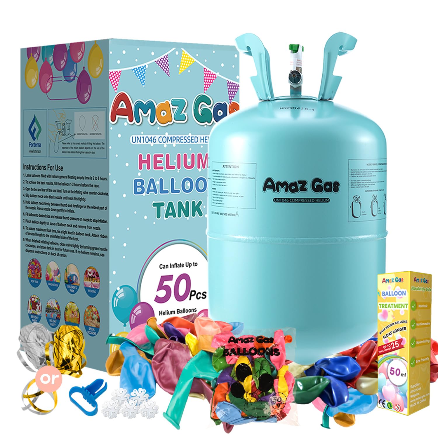 AmazGas 13.4L Helium Tank With 14.9 cu.ft 99.99% Pure Helium Gas Blend Kit, Helium Tank For Balloons At Home, 50 Latex Balloons And Ribbons And Balloon Sealant Included (13.4L, 1 Box)