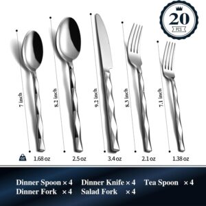 KINGSTONE Silverware Set, Luxury 20 Piece Flatware Set for 4, 18/10 Stainless Steel Cutlery Set with Diamond Cut Pattern for Kitchen, Home, Wedding, Party, Mirror Polished and Dishwasher Safe