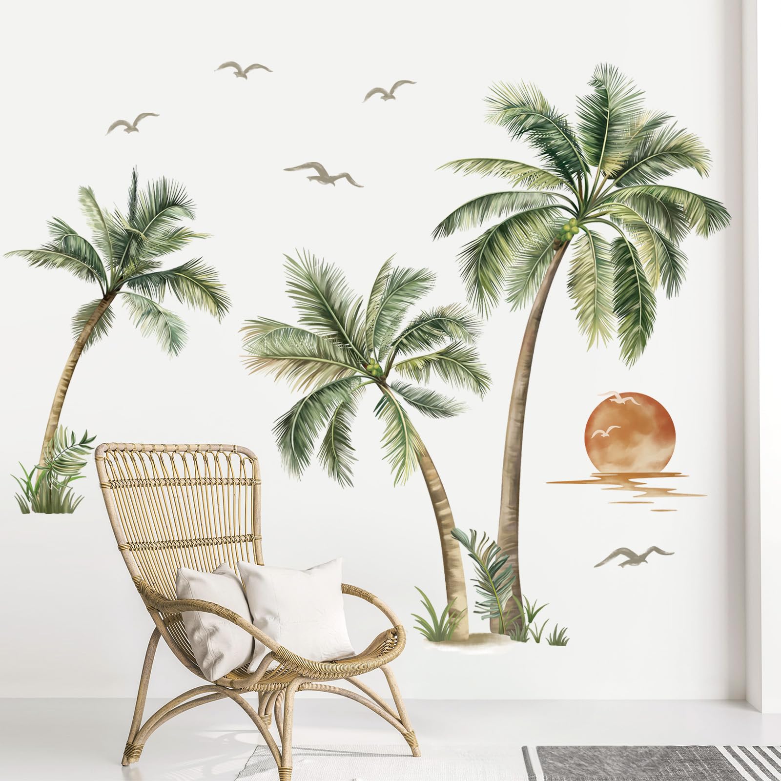 decalmile Large Boho Palm Tree Wall Decals Tropical Plant Sunset Beach Wall Stickers Living Room Bedroom Office Wall Decor (Tree H: 53 inches/135 cm)