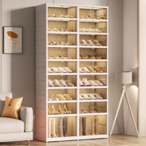 beeveer foldable shoes rack organizer clear portable plastic shoes rack for closet entryway shelf collapsible large storage box stackable assembly shoe cabinet with lids door(9-tier for 18-36 pairs)