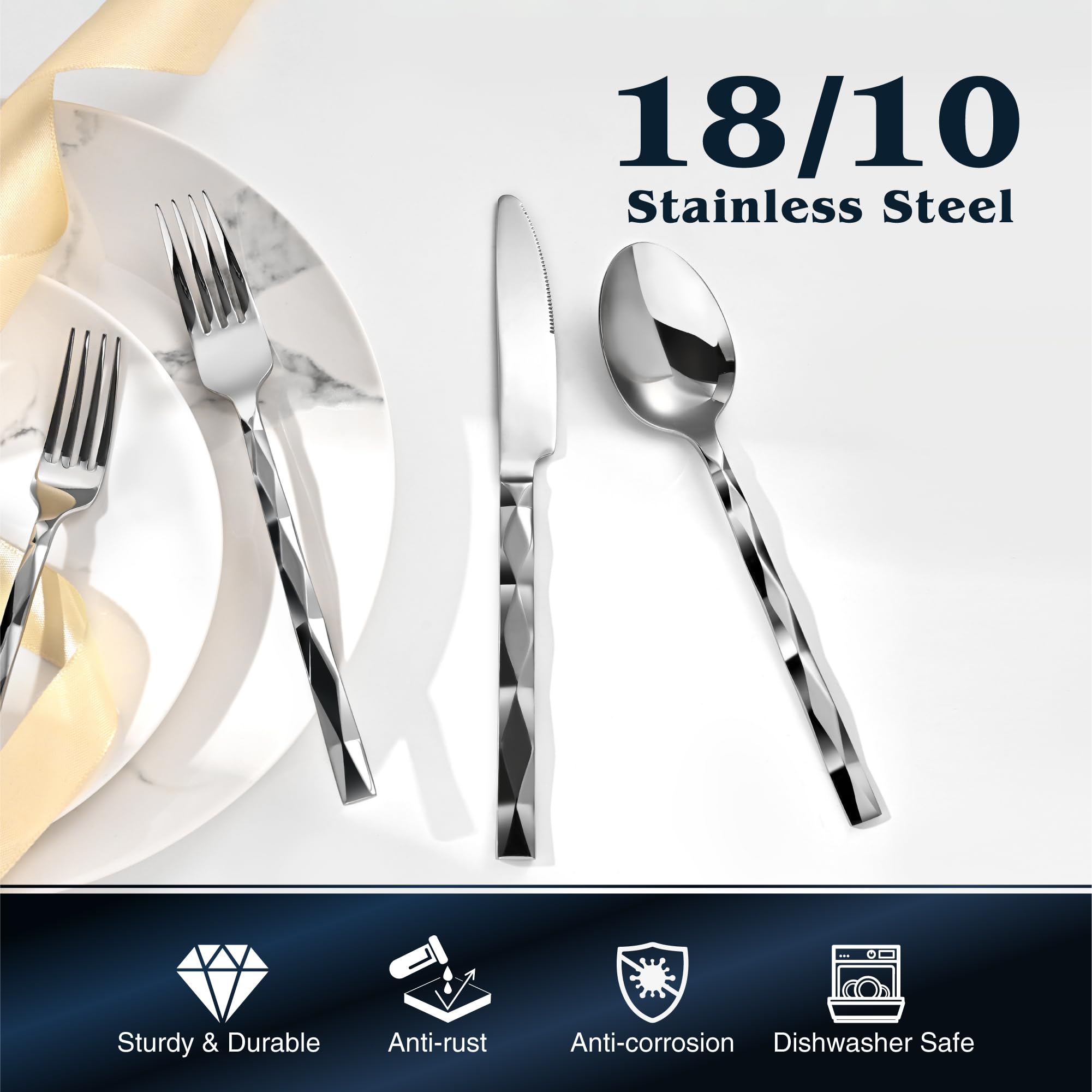 KINGSTONE Silverware Set, Luxury 20 Piece Flatware Set for 4, 18/10 Stainless Steel Cutlery Set with Diamond Cut Pattern for Kitchen, Home, Wedding, Party, Mirror Polished and Dishwasher Safe