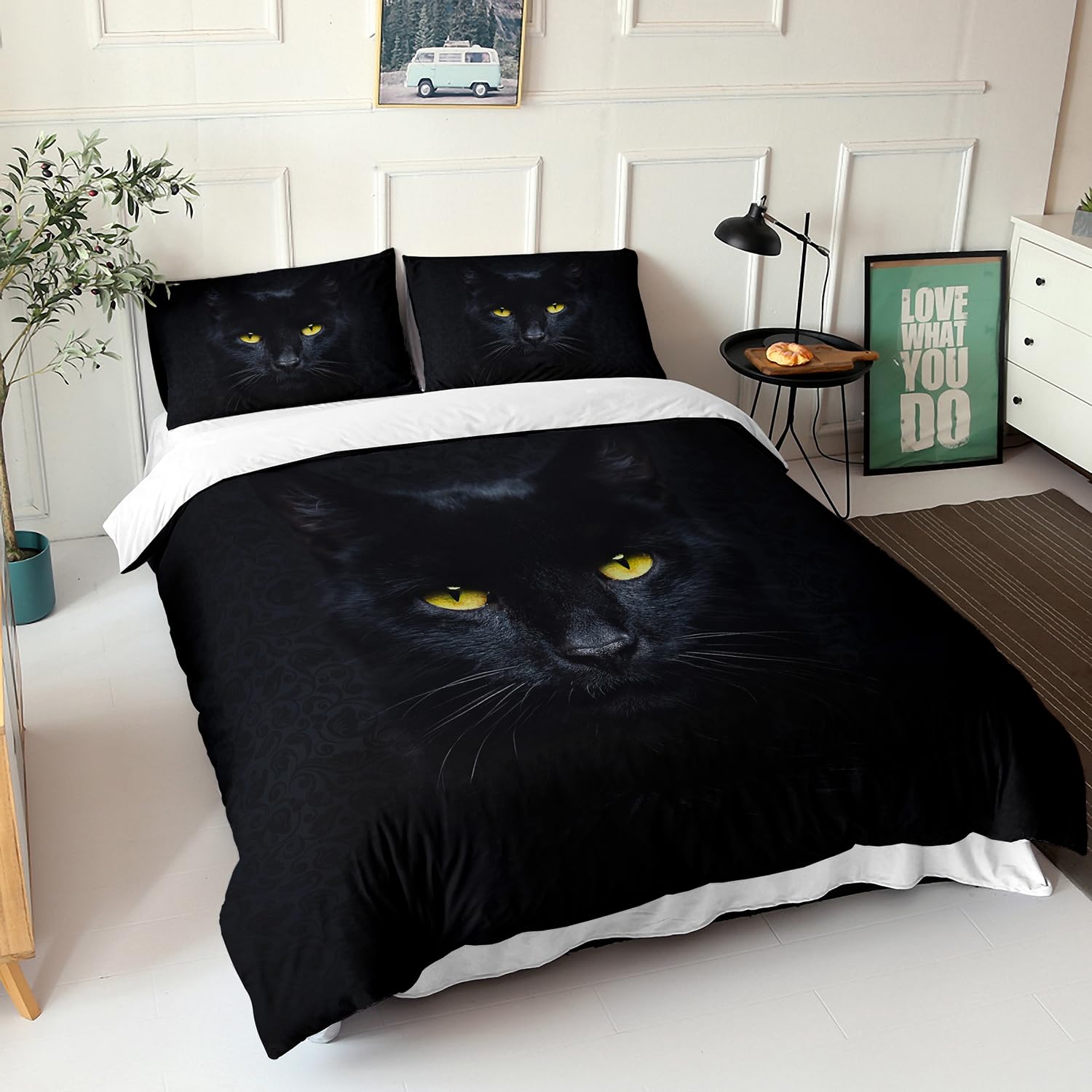 AILONEN Cat Duvet Cover Set Full Size, Black Cat Eyes Print Bedding Set,Pet Animals Cat Lovers Comforter Covet Set 3 Pieces, 1 Quilt Cover and 2 Pillowcases (No Comforter)