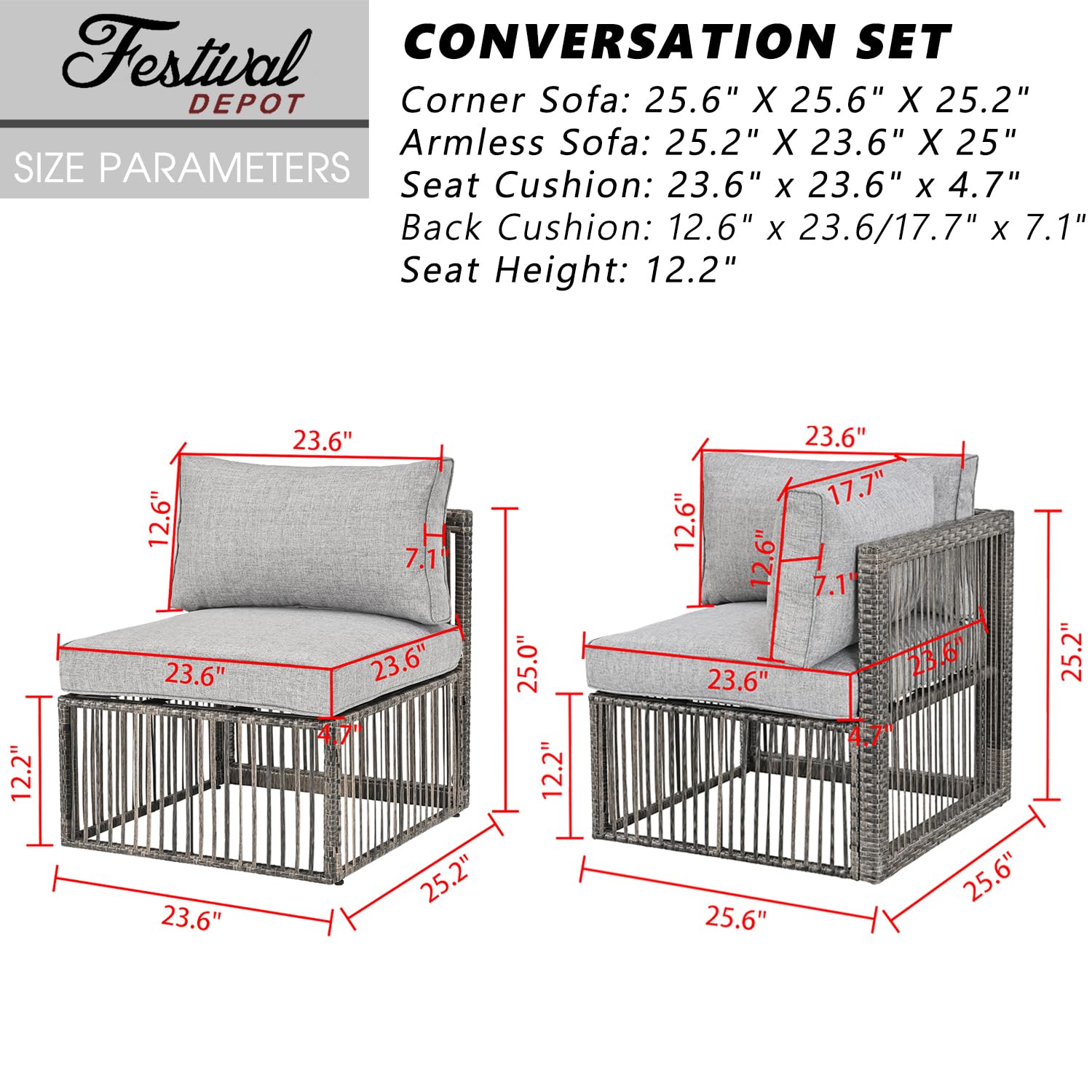 Festival Depot 3 Pieces Patio Conversation Set Sectional Corner Sofa Combination Outdoor Furniture All-Weather Wicker Metal Armless Chairs with Seating Back Cushions Garden Deck Poolside (Grey)