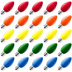 brightown 25 pack c9 incandescent bulbs, multicolor c9 christmas replacement light bulb for christmas string lights, e17 intermediate base, 7 watt