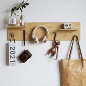 torwood wooden pegboard modular display, wall panel kit grid organizer with shelves and hooks, storage wall hooks shelf, color: oak - comes with 2 wall hooks