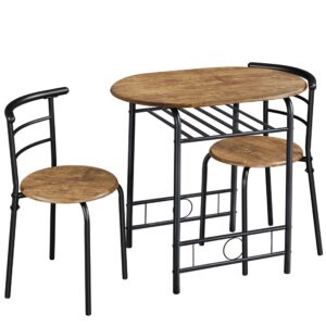 yaheetech 3-piece dining table set, breakfast bistro table set for 2, small kitchen and table chairs set of 2 with metal frame and storage rack for small space/apartment/dorm room, brown