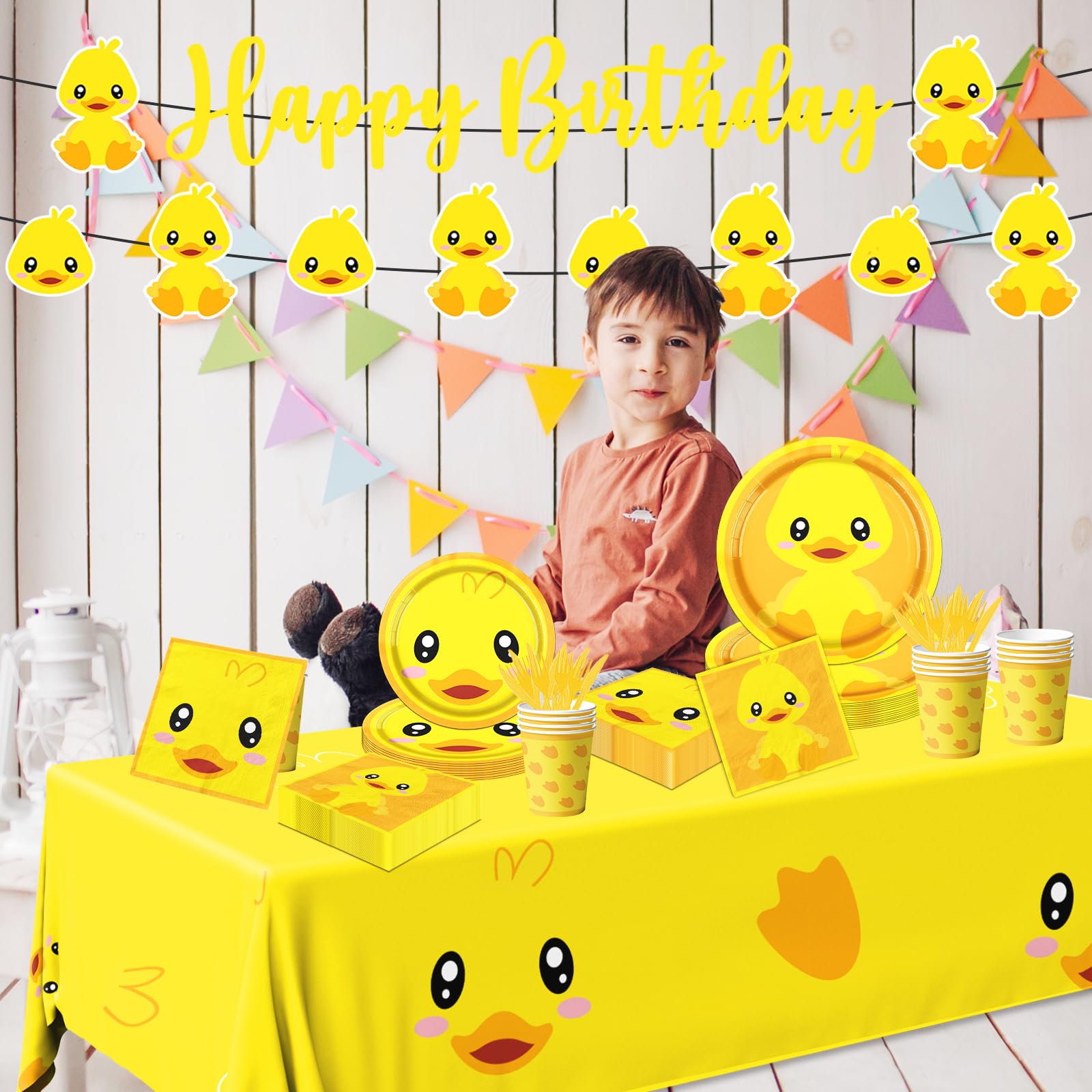 Rubber Duck Party Supplies,Happy Birthday Duckie Tableware Set Duck Plates Yellow Baby Shower Napkins Cups for Waddle It Be Gender Reveal Party,One Lucky Duck Birthday Decorations