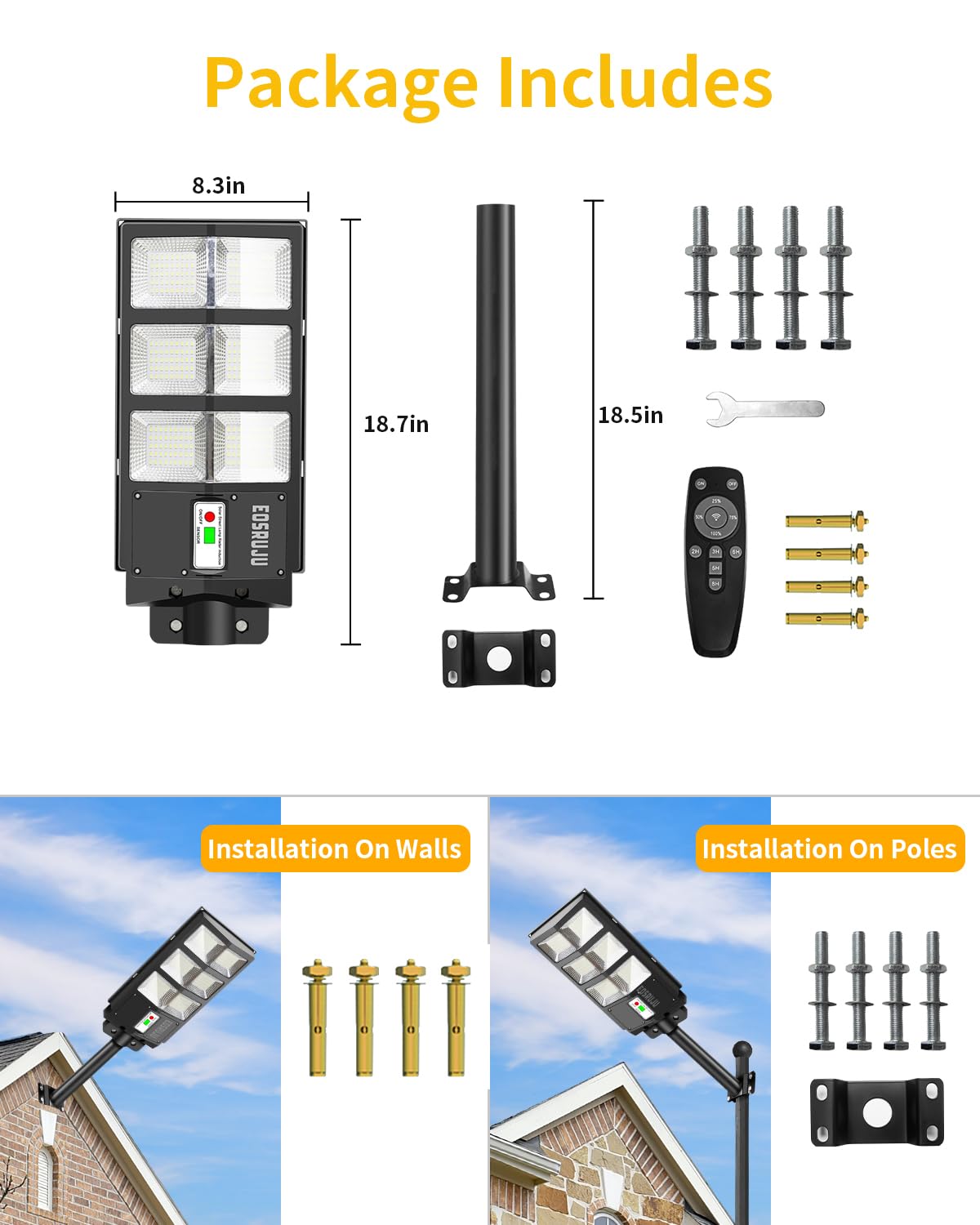 EOSRUJU Solar Street Lights Outdoor Waterproof, 30000LM 6500K Solar Parking Lot Lights, Dusk to Dawn Solar Lights with Motion Sensor & Remote, Wide Angle Solar Lights for Parking Lot, Yard, Patio