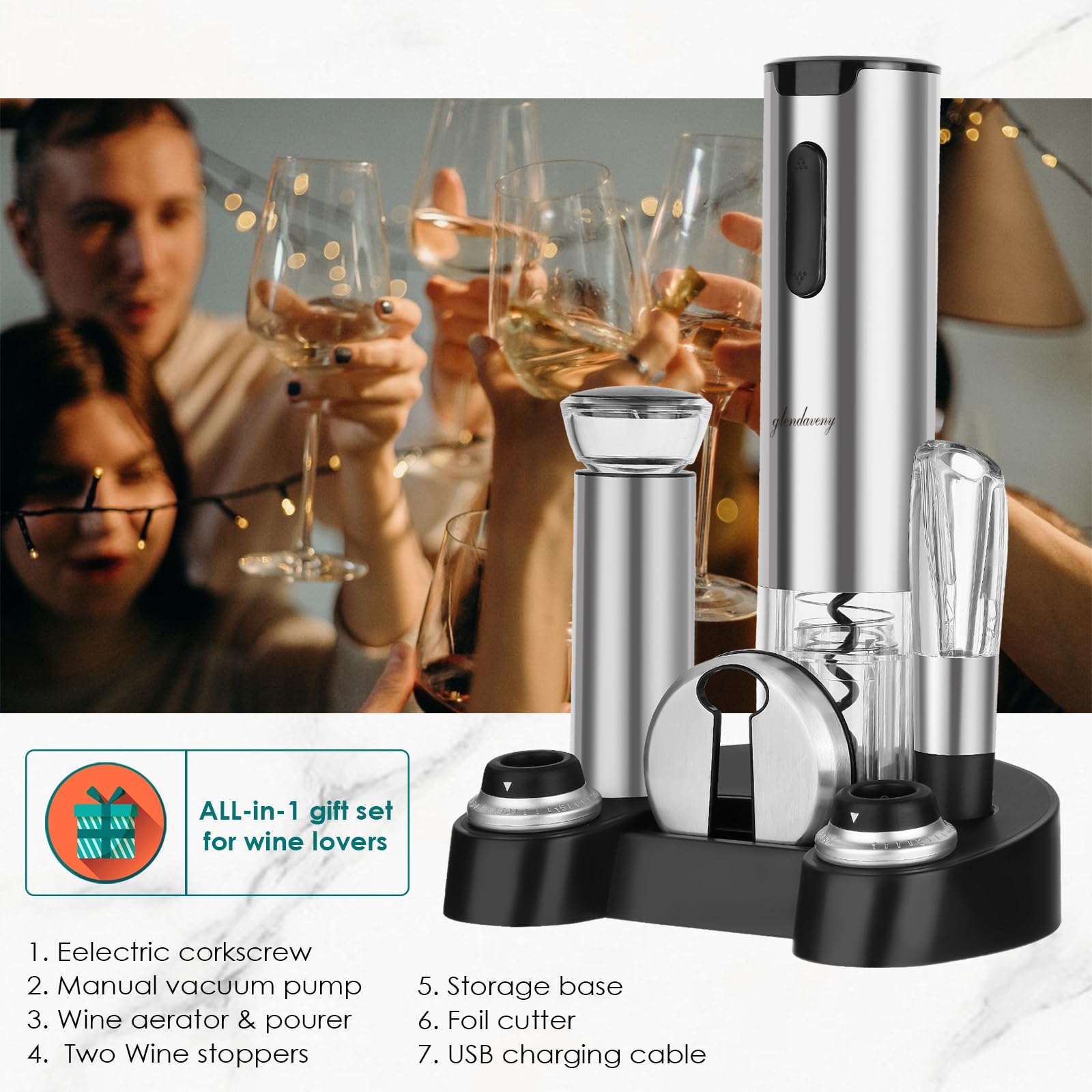 Electric Wine Opener Set with Stand, Wine Gift Set with Rechargeable Wine Opener, Wine Aerator, Foil Cutter, Vacuum Pump and 2 Stoppers, 7-in-1 Wine Bottle Opener Set for Home Party Bar Outdoor Gift