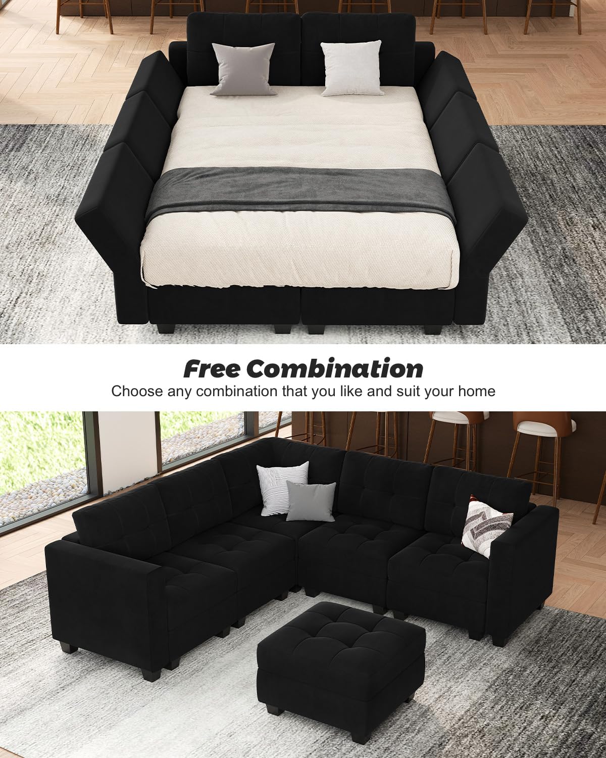 Belffin Modular Sectional U-Shaped Sofa Couch, Oversized Sectional Sleeper Sofa with Chaise and Ottoman, Modular Sofa Set with Stoarge Seat, Black