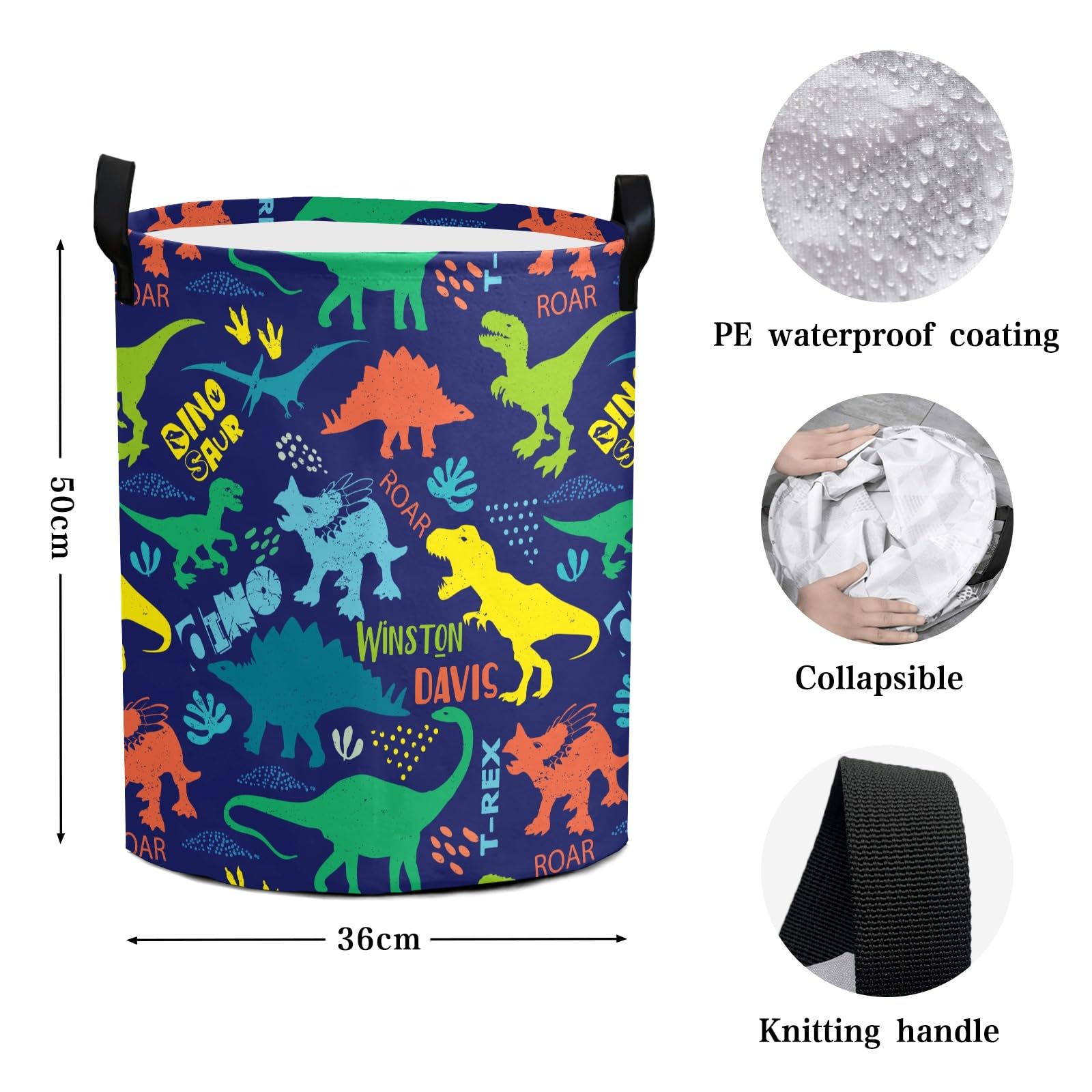 Custom Name Cartoon Dinosaur Collapsible Laundry Basket, Laundry Hamper with Handles Waterproof Oxford Laundry Hamper Household Organizer Basket