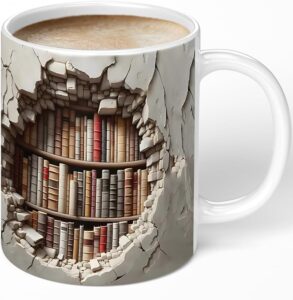 aigori library bookshelf mug, cool bookish ceramic coffee mug, book lovers gifts for readers, creative book club mug(11oz), novelty gifts for birthday christmas men women friends