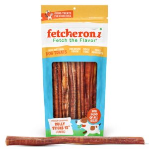 fetcheroni jumbo bully sticks for dogs - 100% beef, rich flavor - a thick, easily digestible stick for your large dog and aggressive chewers -dog bully sticks for large dogs (12 inch, 5 pack)