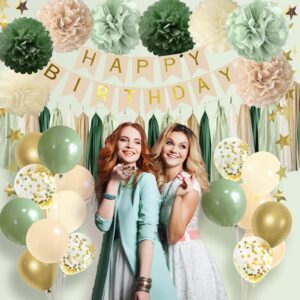 Sage Green Birthday Party Decorations with Birthday Banner,Tissue Tassels Paper Pompoms Balloons Star Garland Cake Topper Birthday Decorations for Women Adults