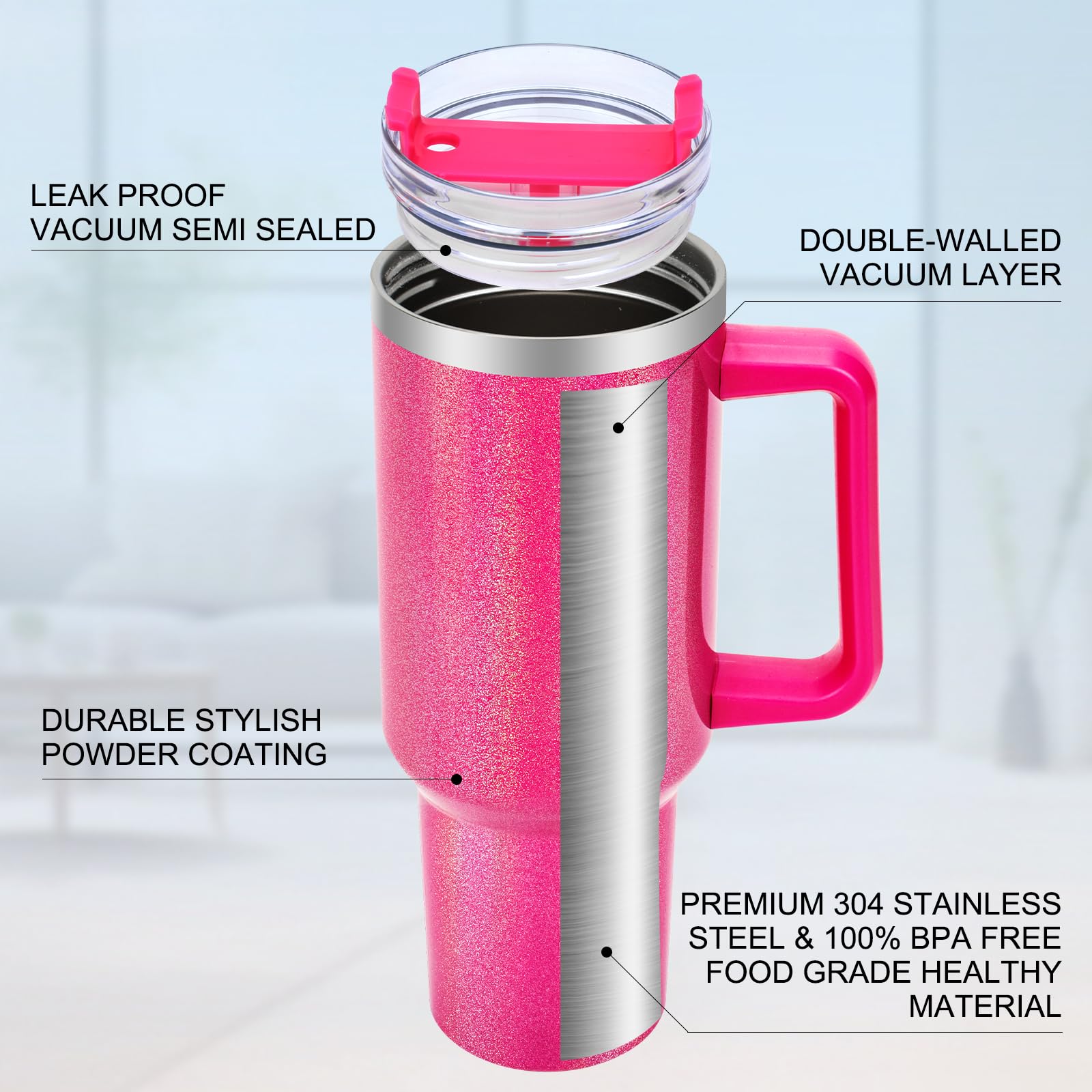 QDXMD 40 oz Tumbler with Handle and Straw Lid, Vacuum Insulated Leak Proof Double Walled Stainless Steel Glitter Travel Mug Tumblers, Maintains Cold Ice and Heat for Hours(Hot Pink)