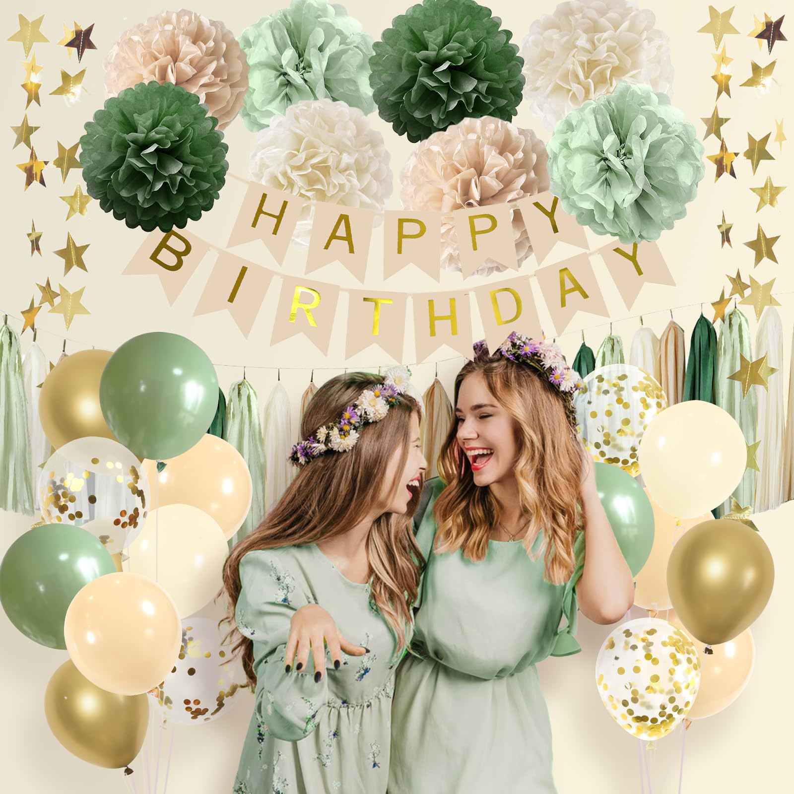 Sage Green Birthday Party Decorations with Birthday Banner,Tissue Tassels Paper Pompoms Balloons Star Garland Cake Topper Birthday Decorations for Women Adults