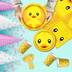 Rubber Duck Party Supplies,Happy Birthday Duckie Tableware Set Duck Plates Yellow Baby Shower Napkins Cups for Waddle It Be Gender Reveal Party,One Lucky Duck Birthday Decorations