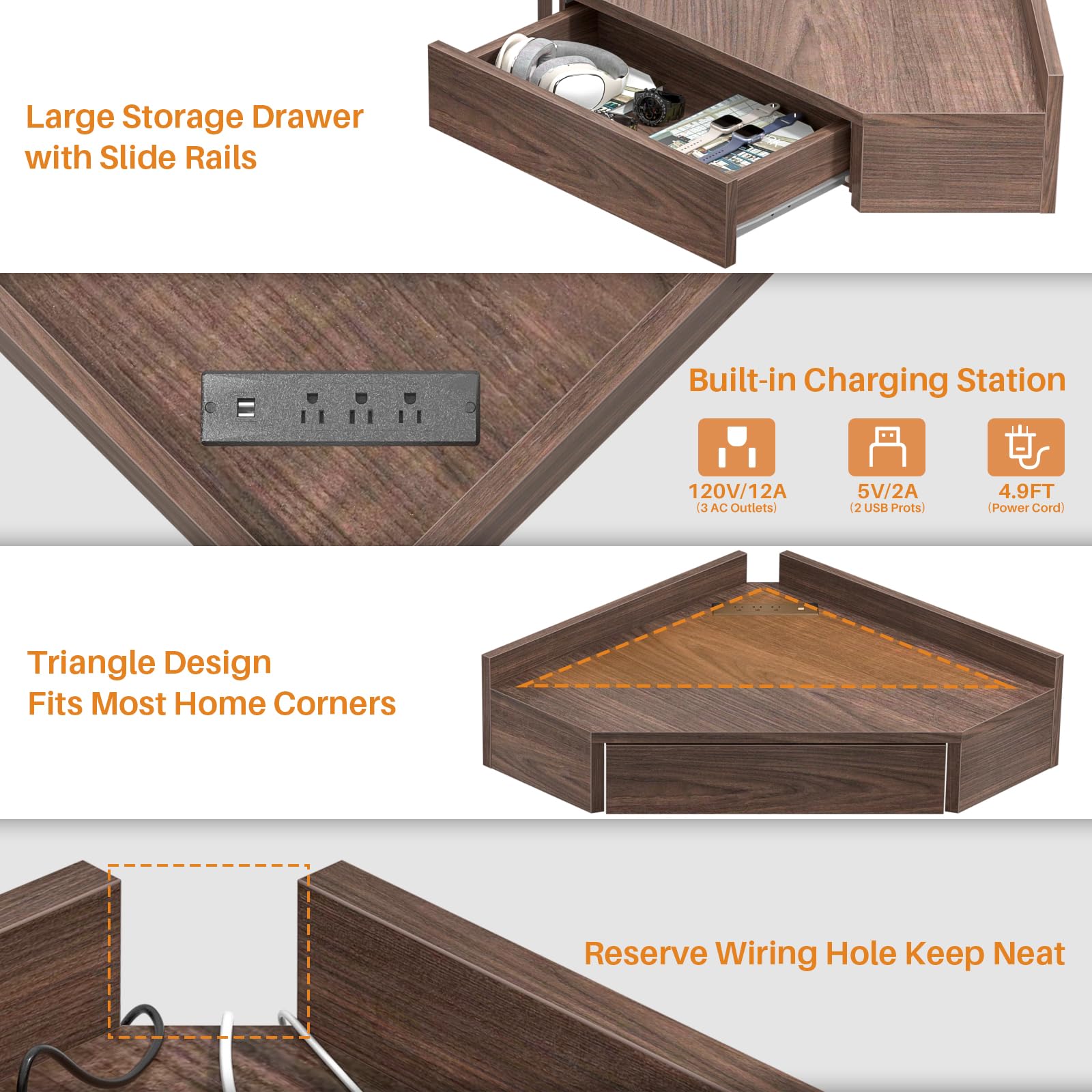 armocity Floating Corner Desk with Outlets & USB Ports, Wall-Mounted Corner Table for Small Space, Triangle Computer Desk with Drawer for Home Office, Vanity Desk, Corner Space, Bedroom, Espresso