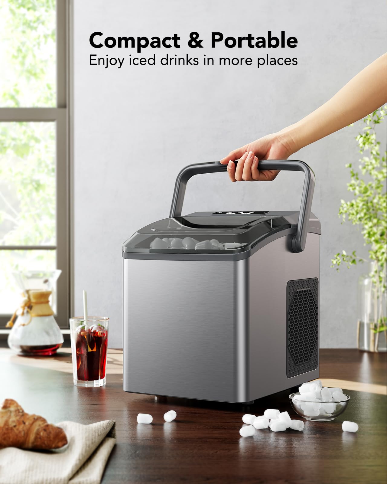 BEBISUNY Ice Makers Countertop - Ice Maker Machine 6 Mins 9 Bullet Ice, 26 Lbs/24 Hrs, Portable Countertop Ice Maker with Self Cleaning Function, Ice Maker for Home/Kitchen/Party, Stainless Steel