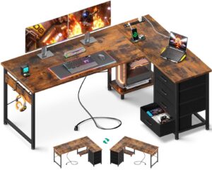 aodk l shaped desk with 4 tier drawers, 61" reversible gaming desk with power outlets, l shaped computer desk with usb charging port and host stand, home office corner desk, easy to assemble, vintage