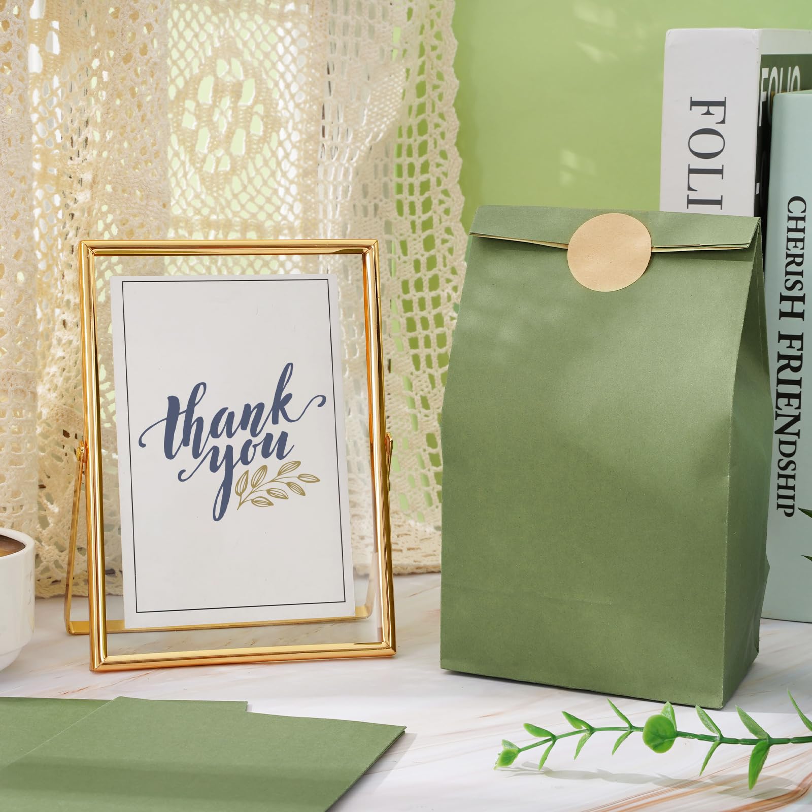 Whaline 24Pcs Sage Green Party Favor Bags Kraft Paper Gift Bags with Stickers Goodie Candy Treat Bags for Wedding Baby Shower Birthday Party Gift Wrap Supplies