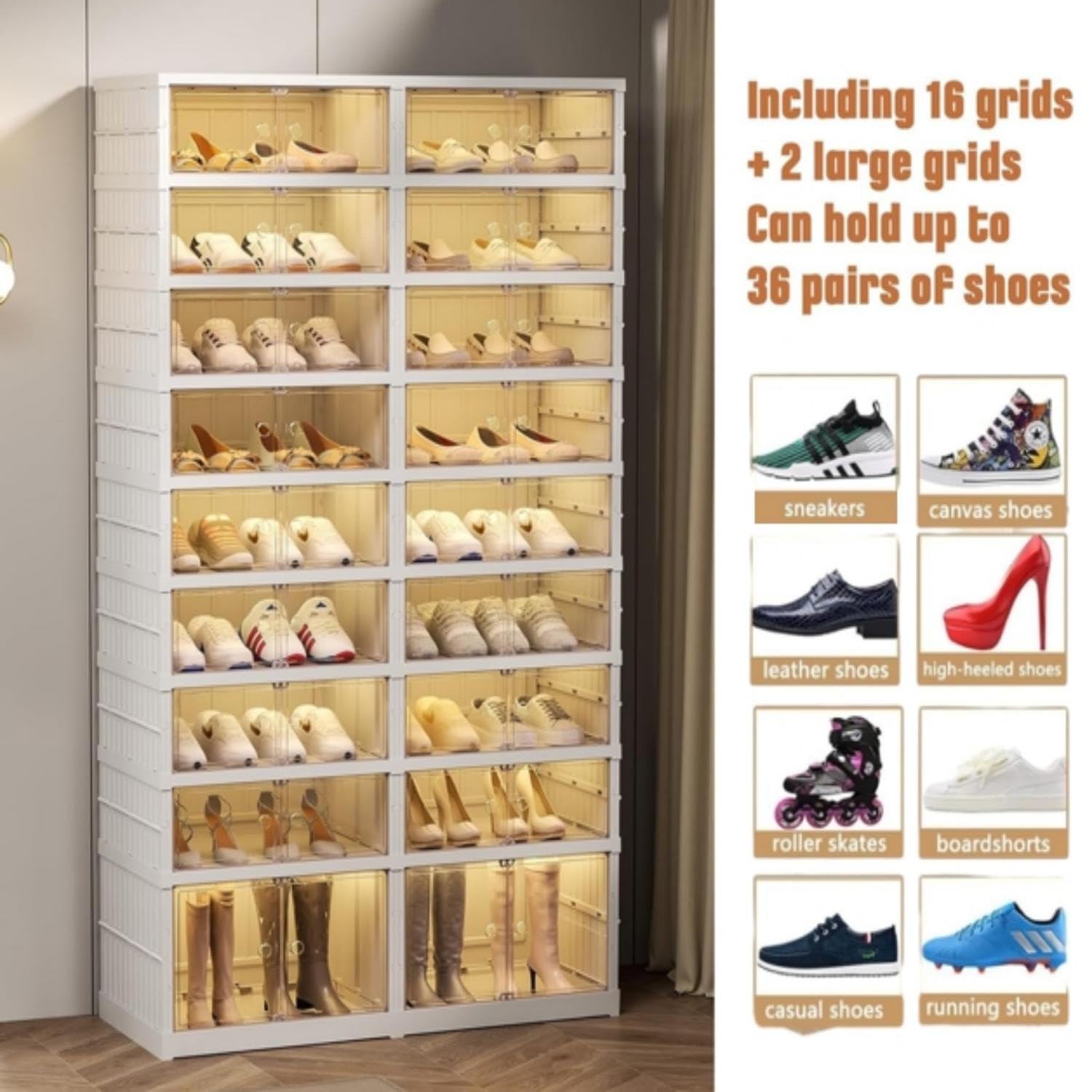 Beeveer Foldable Shoes Rack Organizer Clear Portable Plastic Shoes Rack for Closet Entryway Shelf Collapsible Large Storage Box Stackable Assembly Shoe Cabinet with Lids Door(9-Tier for 18-36 Pairs)