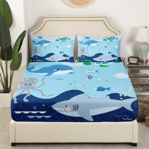 shark and whale fitted sheet,full size cartoon sea animal collections octopus turtle theme,soft decorative fabric bedding deep pocket for children teens young boys girls,with 2 pillowcases